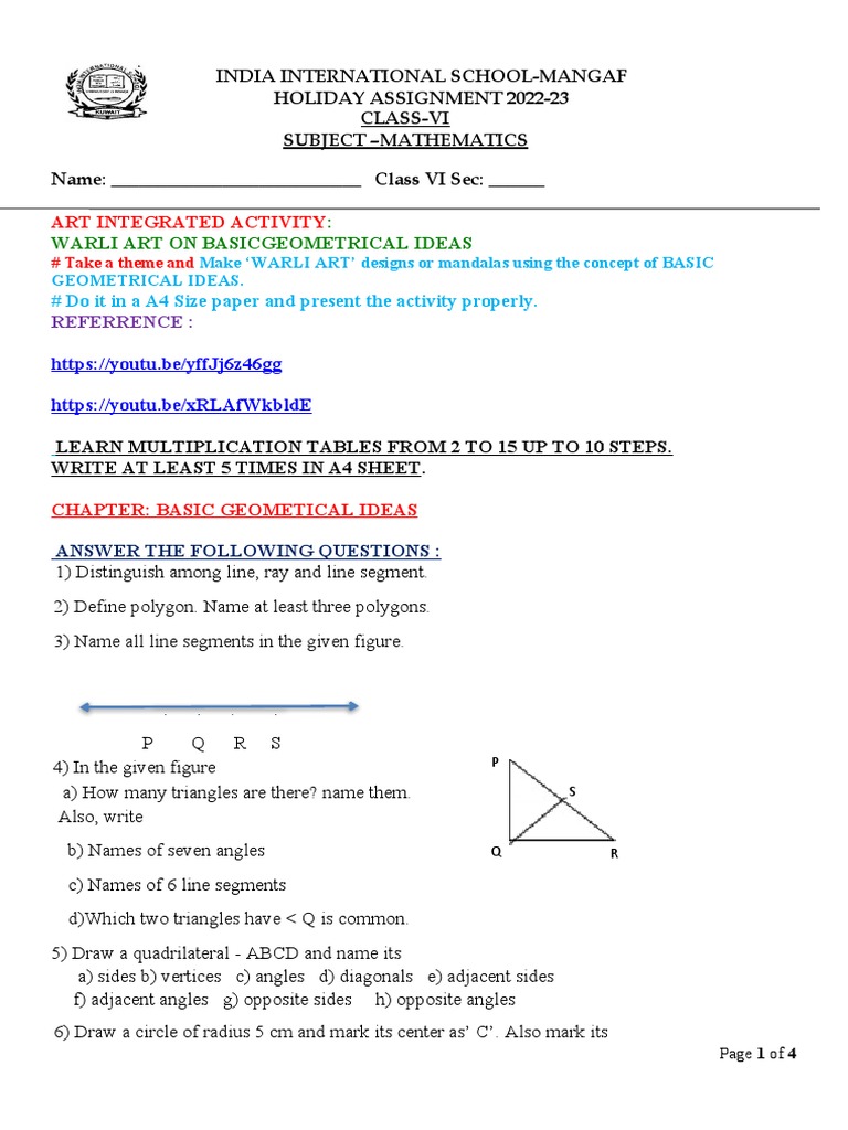 Iis W Vi Math Holiday Asssignment 2022 | PDF | Circle | Euclidean Geometry