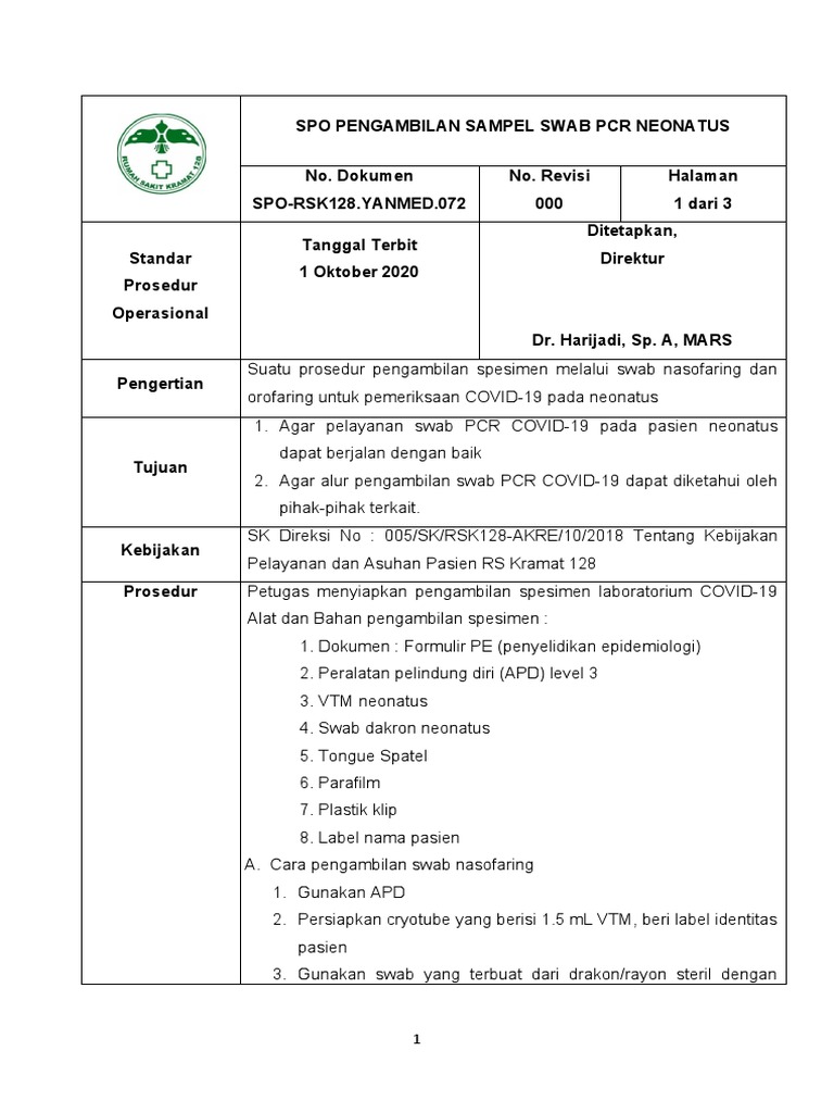 SPO Pengambilan Sampel Swab PCR Neonatus | PDF