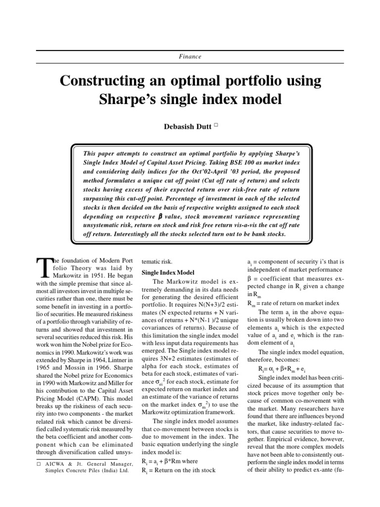 Constructing An Optimal Portfolio Using Sharpe's Single Index Model | PDF | Capital Asset ...