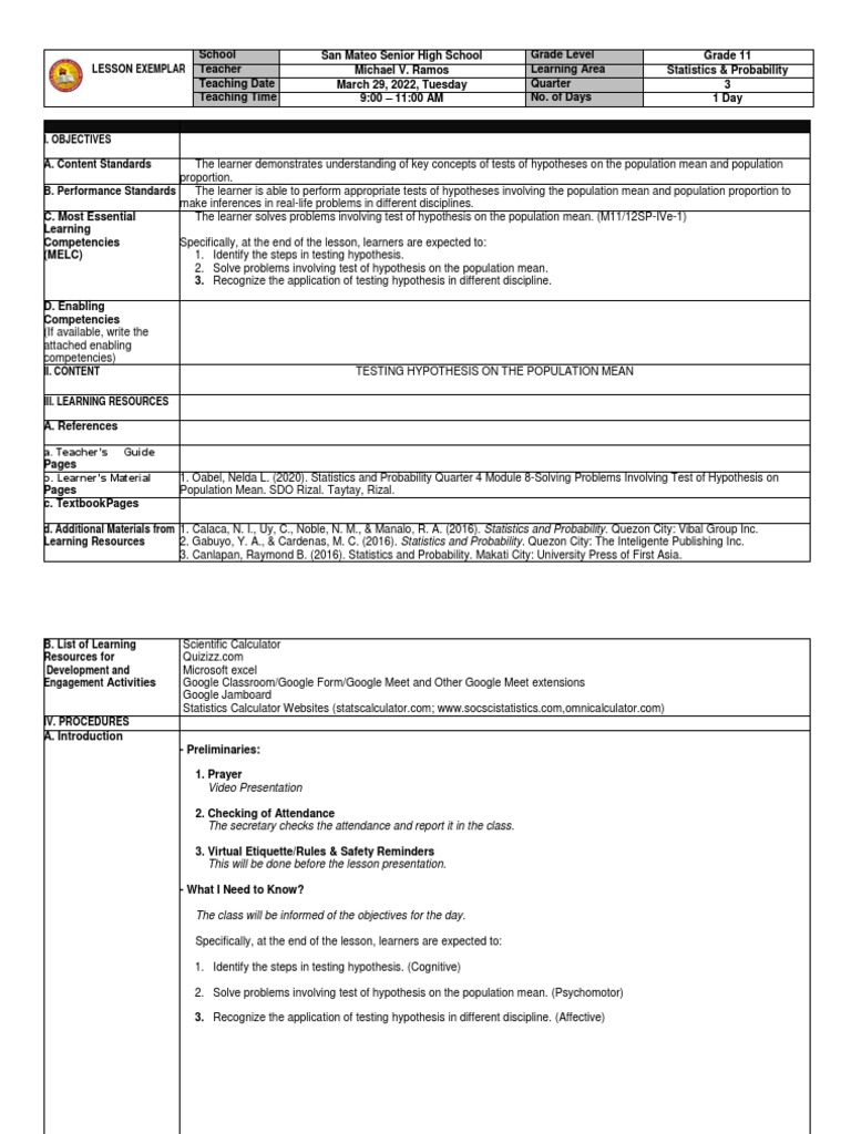 Lesson Exemplar Co1 Solving Problems That Involves Testing Hypothesis ... Lesson Exemplar Co1 Solving Problems That Involves Testing Hypothesis ...