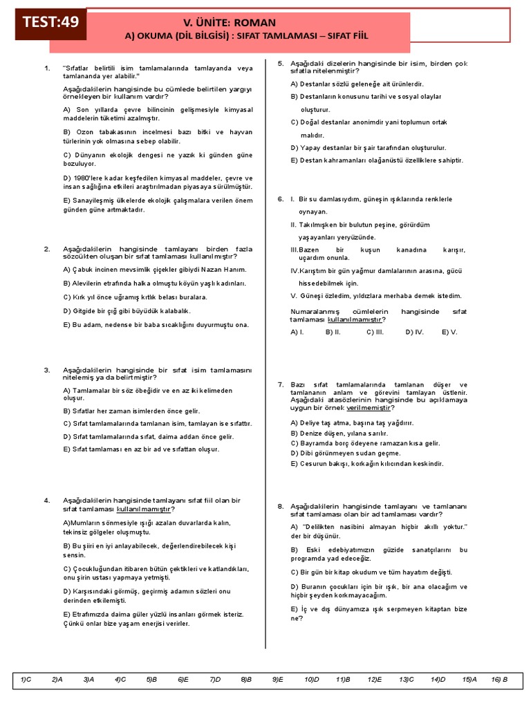 Test 49 - Sıfat Tamlaması-Sıfat Fiil | PDF