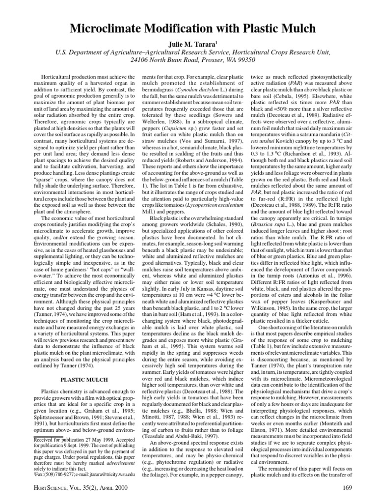 2000-Julie M. Tarara-Microclimate Modification With Plastic Mulch | PDF | Thermal Conduction | Mulch