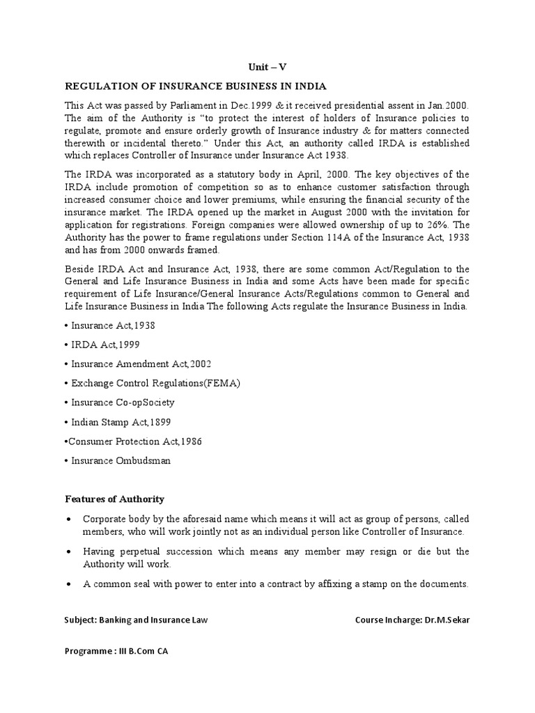 Unit - V Banking and Insurance Law Study Notes | PDF | Insurance ...