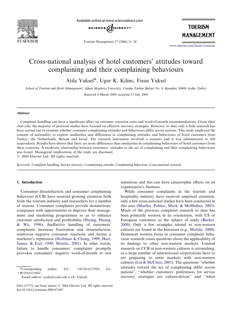 Cross-National Analysis of Hotel Customers' Attitudes Toward Complaining and Their Complaining ...