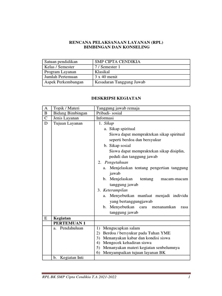 Rencana Pelaksanaan Layanan (RPL) Bimbingan Dan Konseling: RPL BK SMP ...