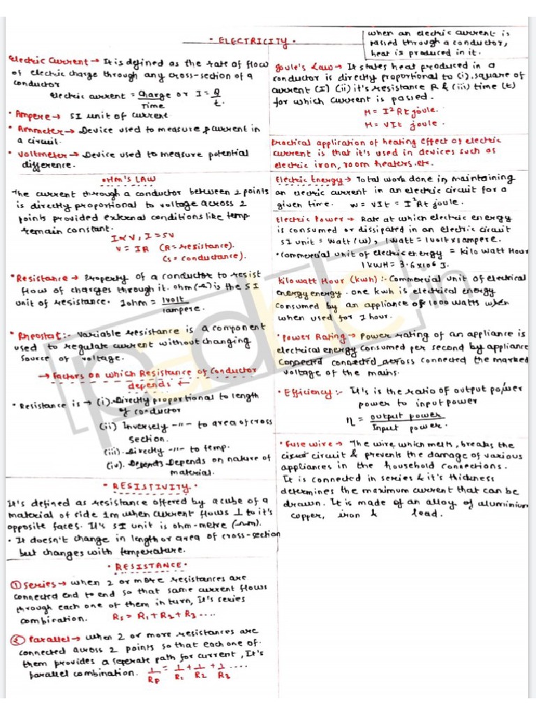 Physics One Page Notes of All Chapter Class 10 | PDF