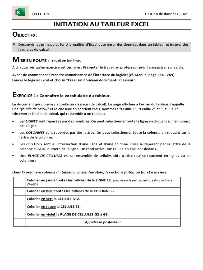 TABLEUR TP1 - Initiation - Calcul | PDF | Microsoft Excel | Feuille de calcul