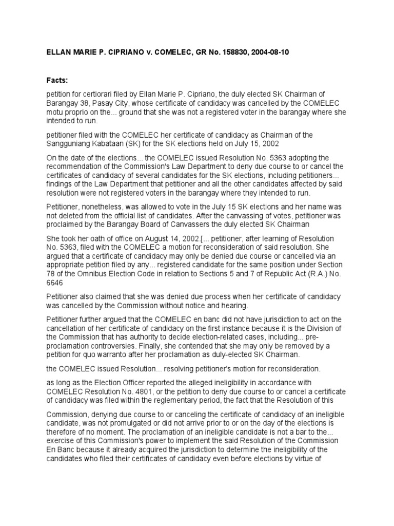 Cipriano vs. COMELEC: Candidacy Dispute | PDF | Affidavit | Judiciaries