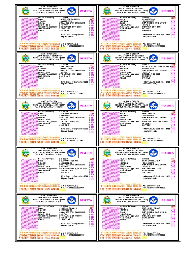 Kartu Peserta Uts 2022-2023 KLS Xi & Xii | PDF
