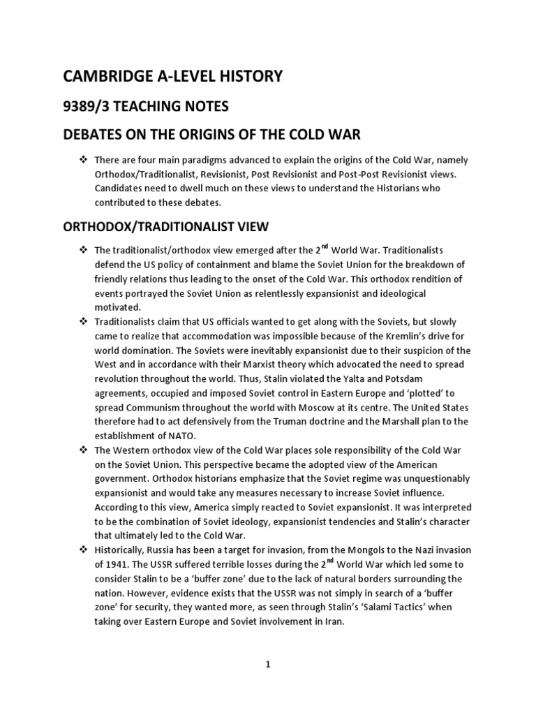 Four Perspectives on the Origins of the Cold War: An Analysis of the ...