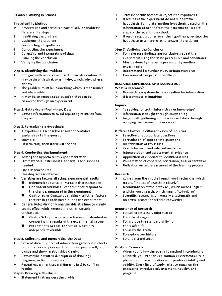 Research Writing In Science Pdf Experiment Scientific Method