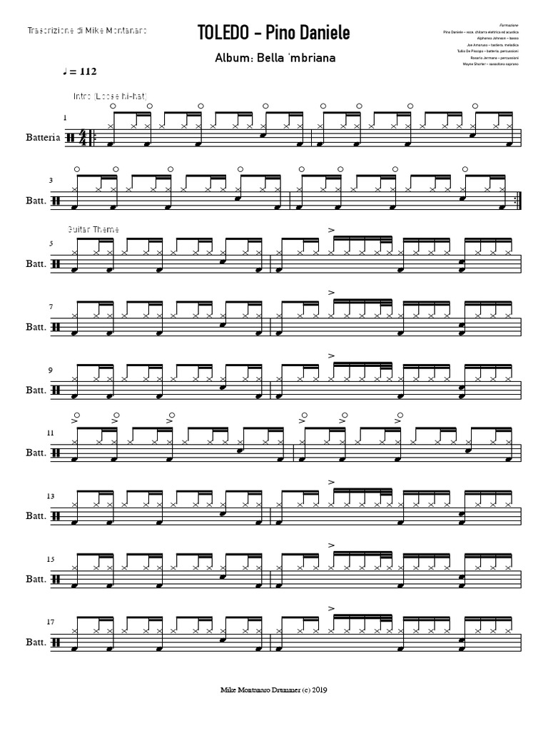 Toledo - Pino Daniele - Drums Transcription | PDF | Musical Instruments ...