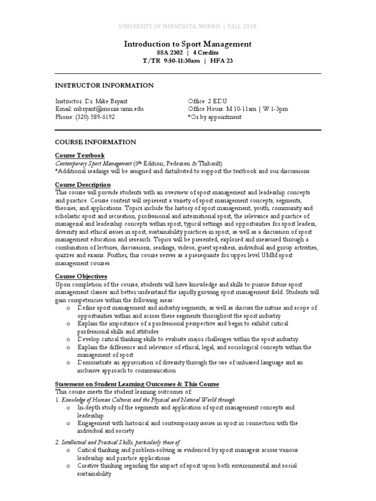 Introduction To Sport Management Syllabus (2018) | PDF | Critical ...