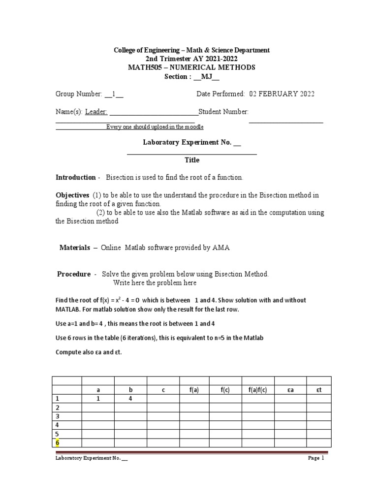 Labrpt1 Bisection Pdf Numerical Analysis Computational Science 