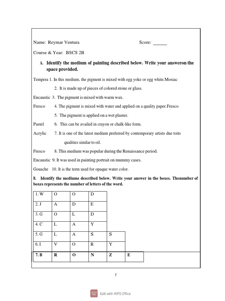 Analysis of a Student's Exam Responses Covering Various Art Mediums ...