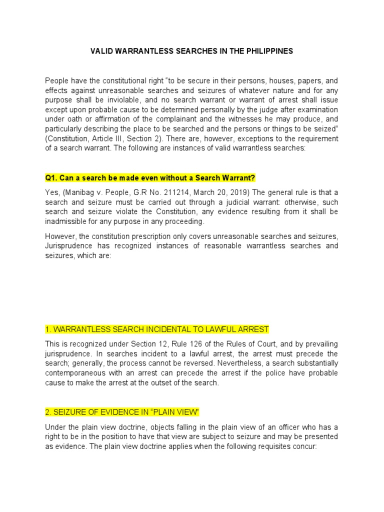 Valid Warrantless Searches in The Philippines | PDF | Search And ...