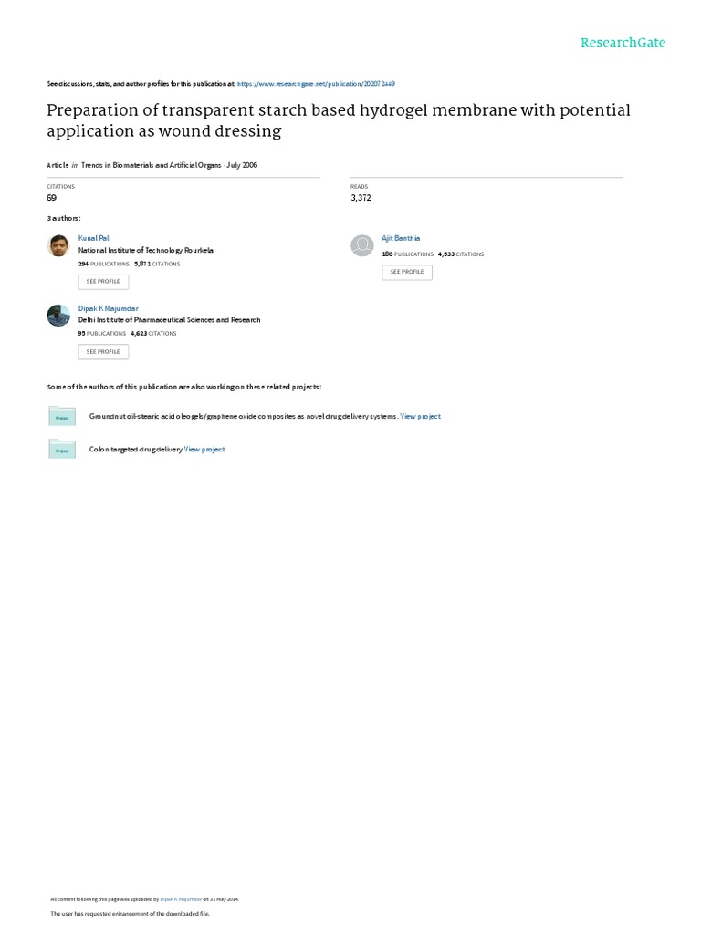 Starch Hydrogel Membrane for Wound Care | PDF | Materials | Physical ...