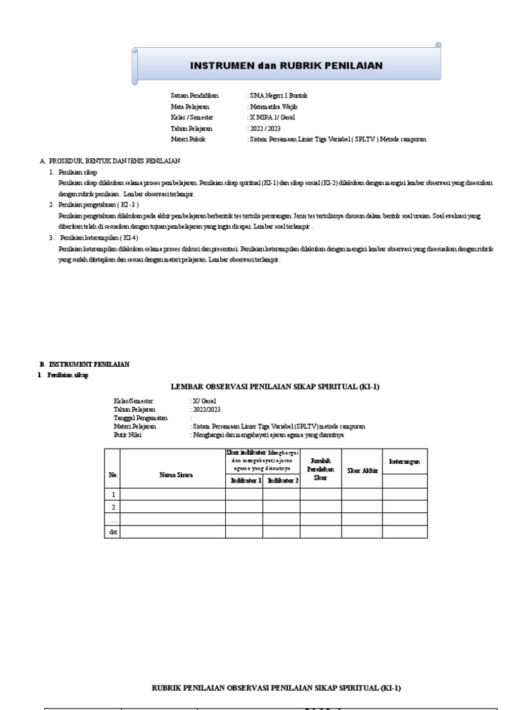 Kisi Kisi, Instrumen Dan Rubrik Penilaian Aksi 3 | PDF