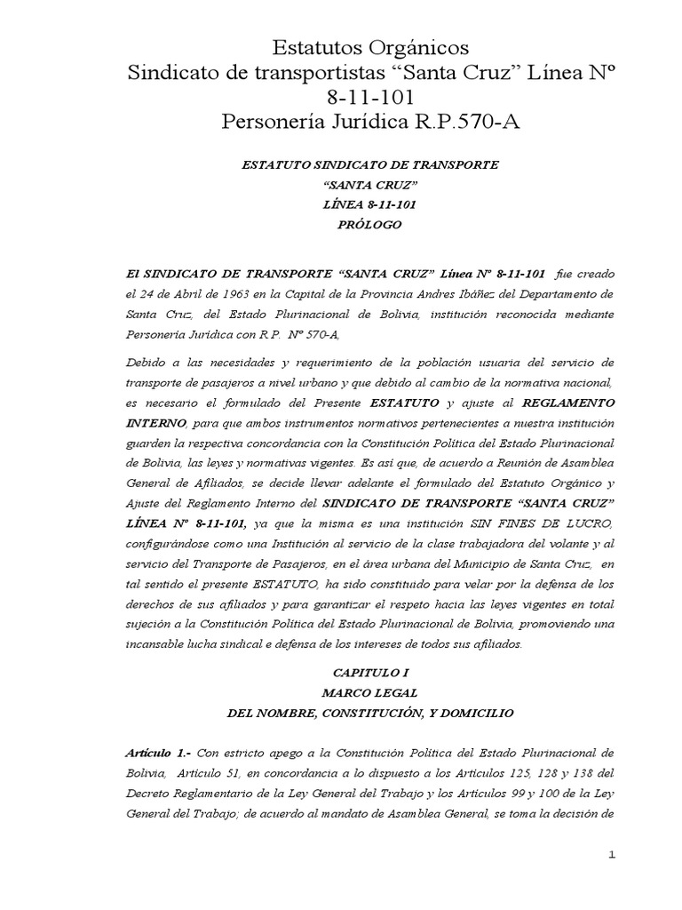 Estatuto del Sindicato de Transporte Santa Cruz | PDF