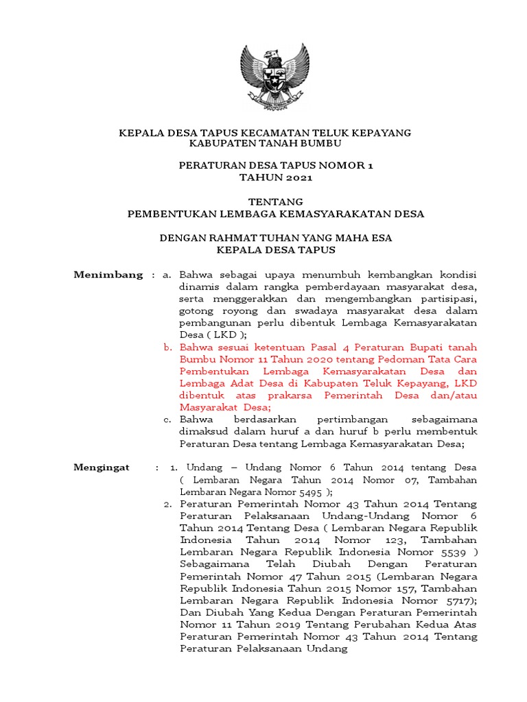 CONTOH Perdes Nomor 1 Tahun 2021 Tentang LKD | PDF | Politik