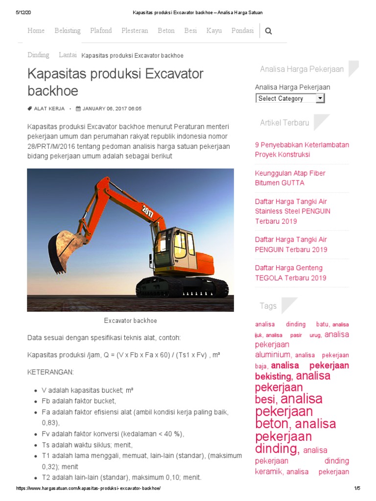 Kapasitas Produksi Excavator Back Hoe | PDF