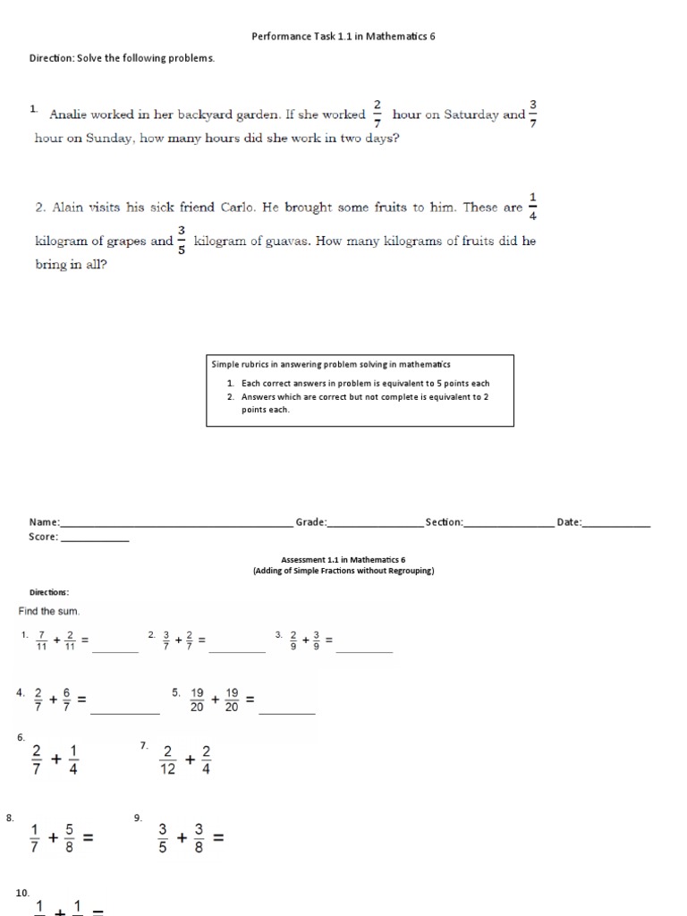Assessment in Math 6 1.1 | PDF