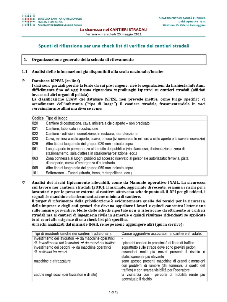Asl Ferrara Cantieri Stradali Check List Verifica 2011 | PDF