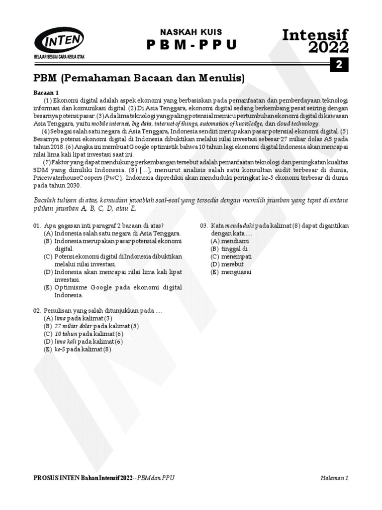 Kuis Pbm-Ppu 2 Intensif 2022 | PDF