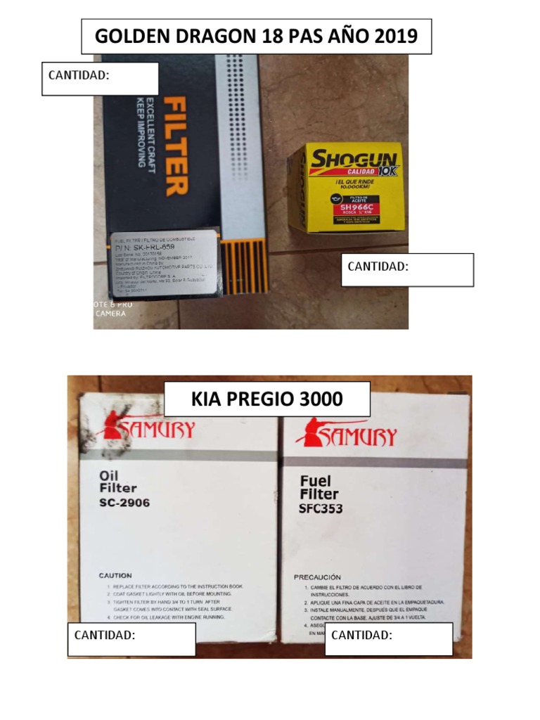 Filtros Golden Dragon 2017 - 2021 y Kia Pregio 3000CC | PDF