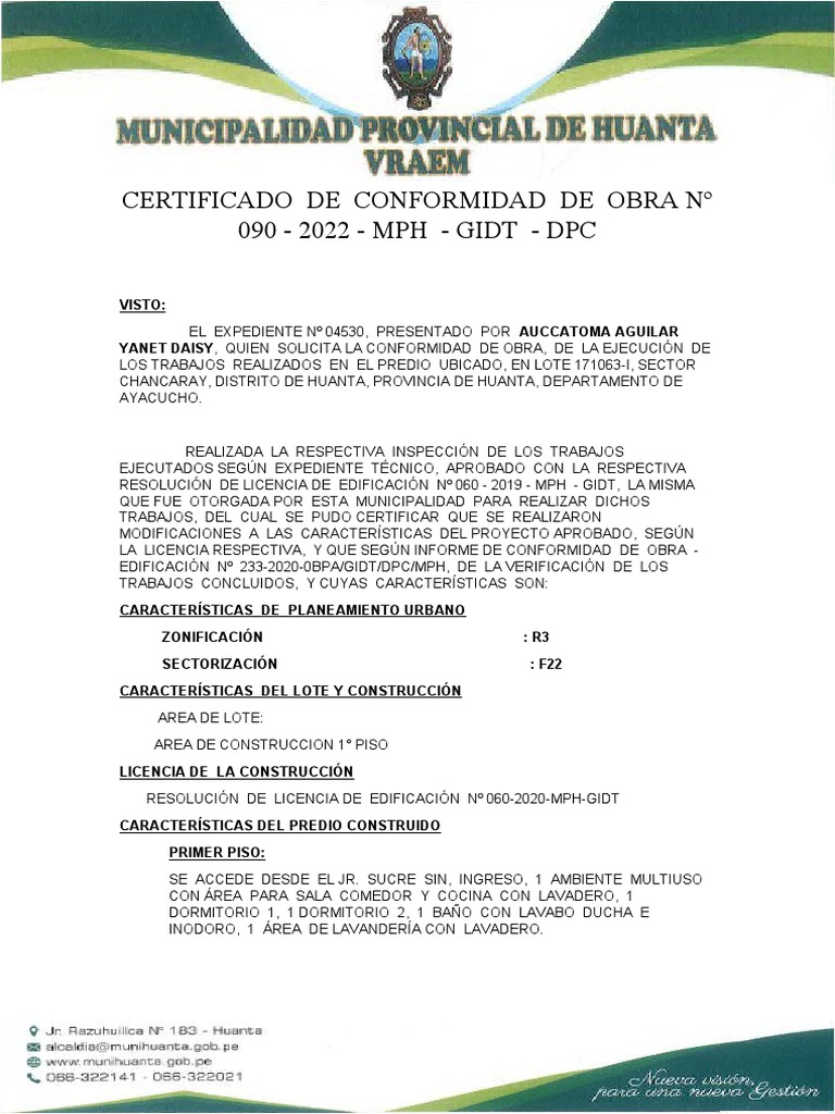 Acta de Conformida Huanta Auccatoma Aguilar Yanet | PDF | Bienes raíces | Sectores Economicos