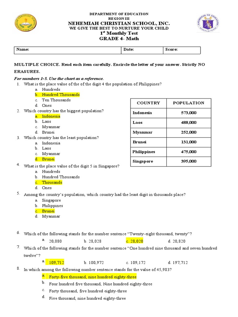 Grade 4 Math Monthly Test Guide | PDF | Standardized Tests