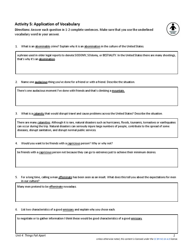 Vocabulary Application Activity | PDF | Social Science | Self-Improvement