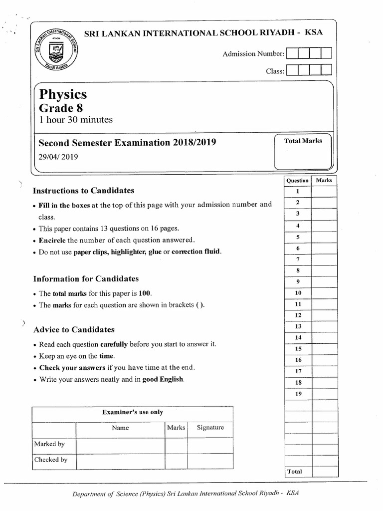 8 Physics Sem2 2018 - 19 | PDF
