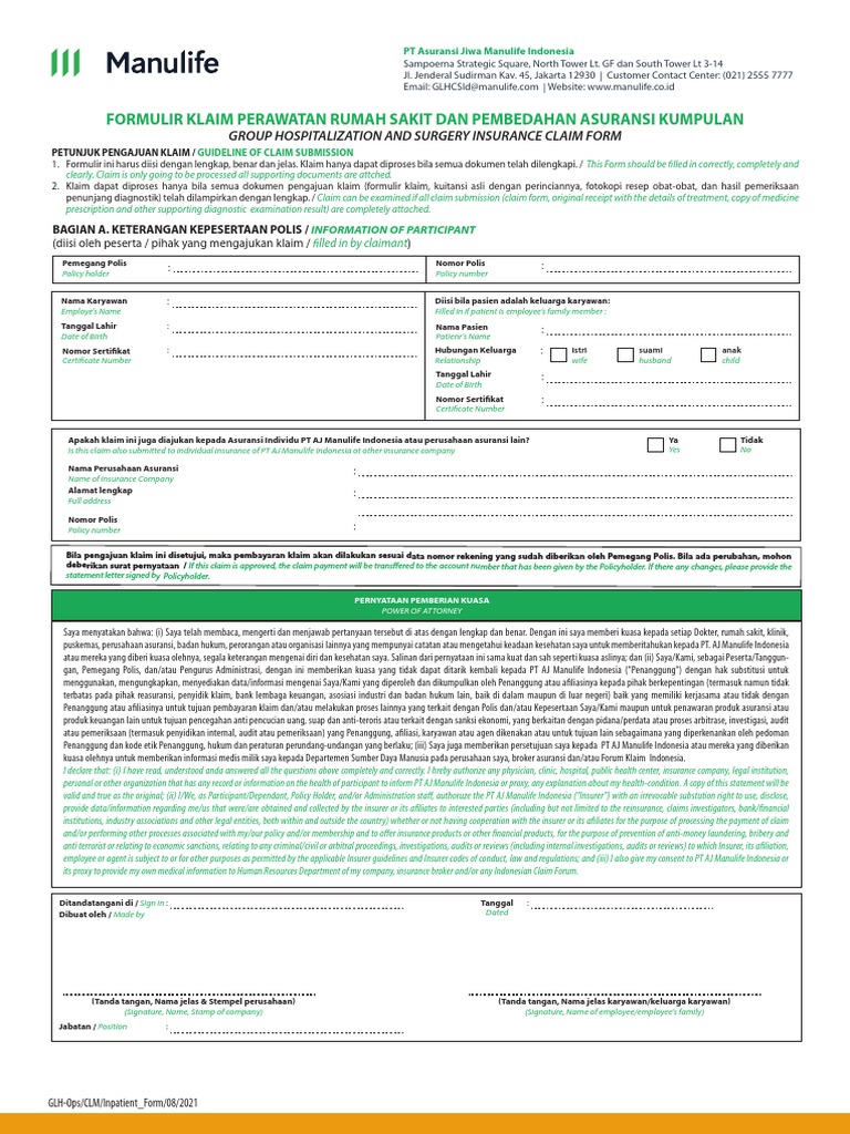 Formulir Klaim Perawatan Rumah Sakit Dan Pembedahan Asuransi Kumpulan Pdf
