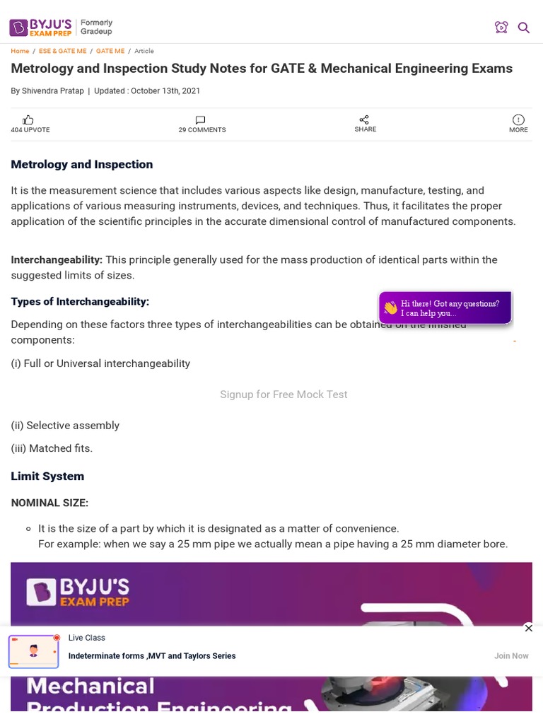 Metrology and Inspection Notes For GATE, ESE, SSC JE & ME. Exams ...
