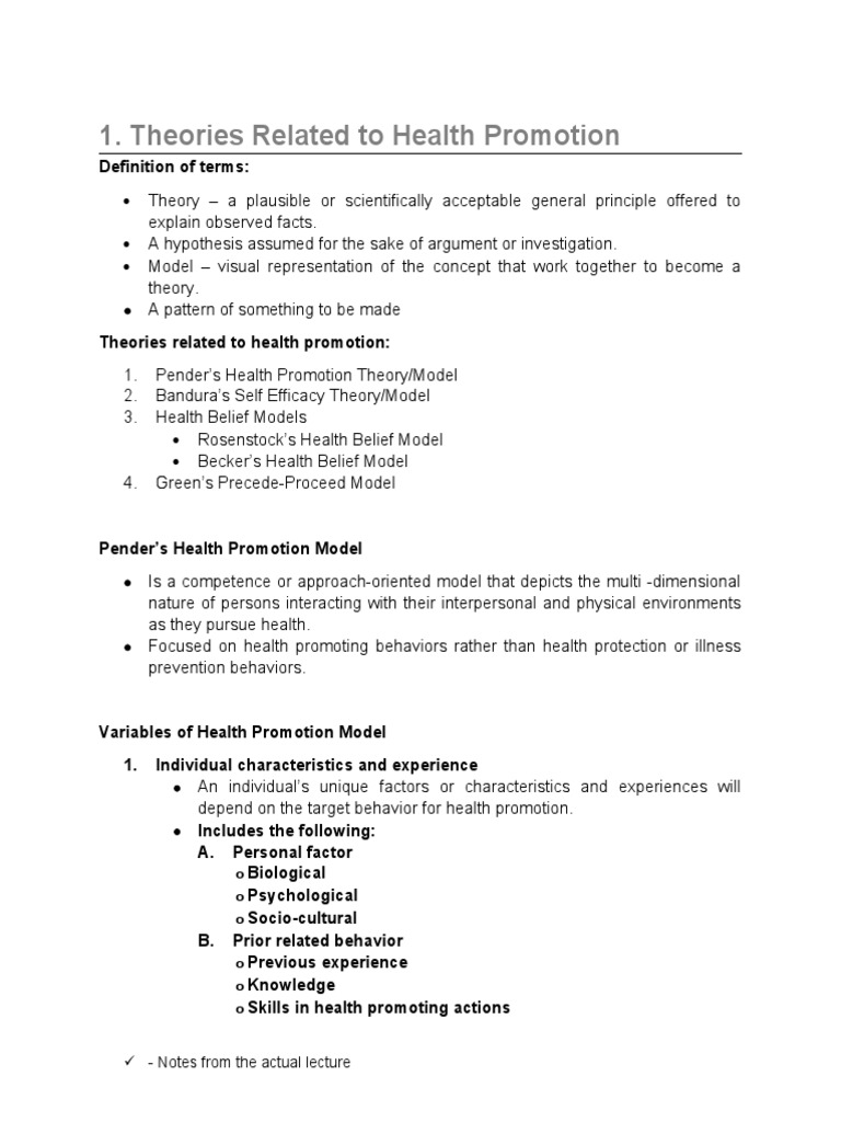 Health Promotion Theories Guide | PDF | Self Efficacy | Psychology