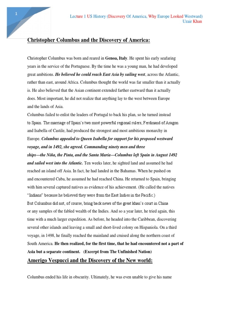 Uzair US History Lecture Columbus JWT | PDF | Christopher Columbus | Voyages Of Christopher Columbus