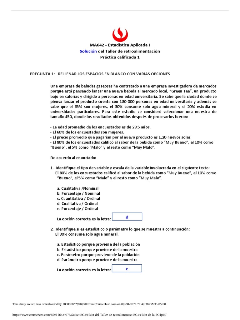 Soluci N Del Taller de Retroalimentaci N de La PC1 PDF | PDF | Diferencia