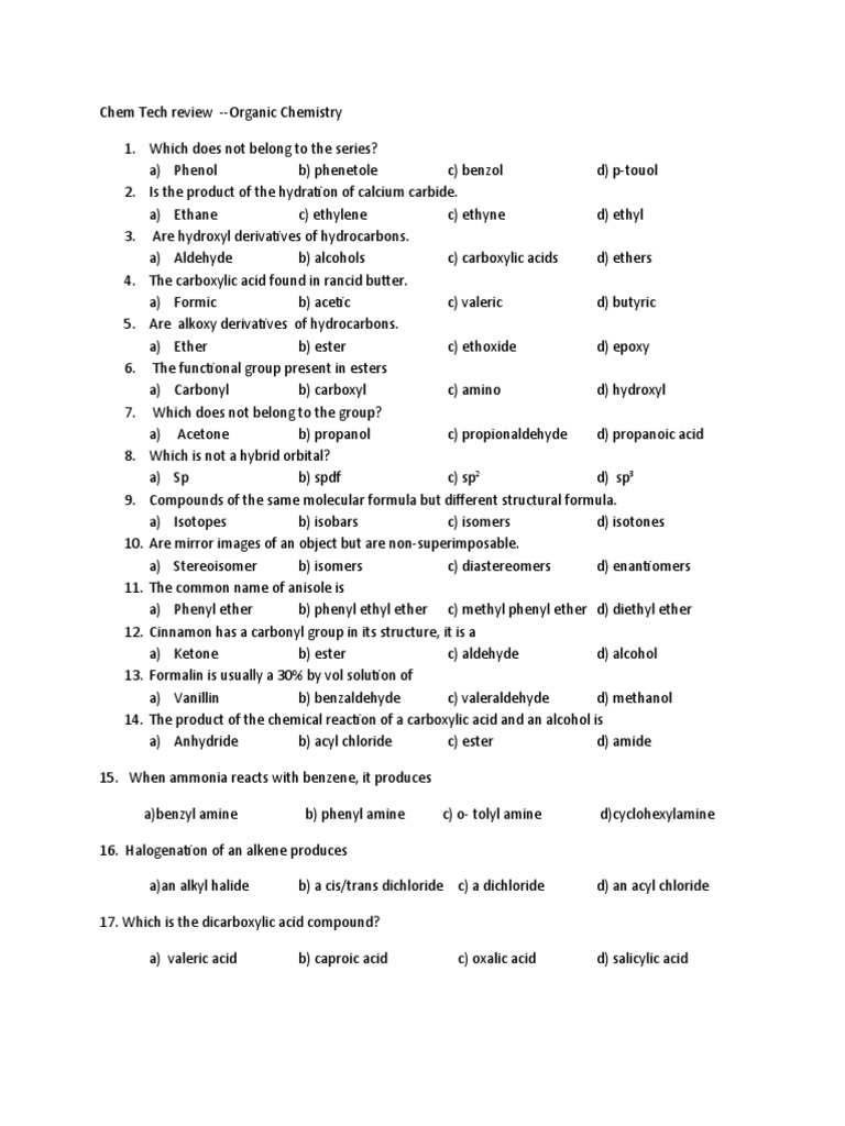 Chem Tech Review Questions Organic Chem | PDF | Ester | Ether