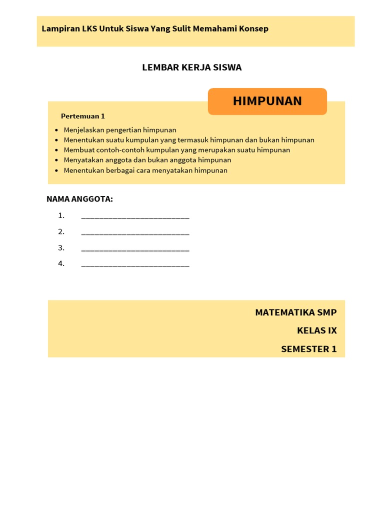 LKPD Yang Kesulitan - Himpunan, Anggota Himpunan, Notasi Himpunan | PDF