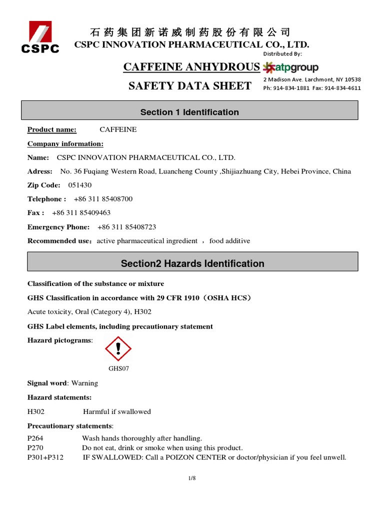 Caffeine CSPC SDS | PDF | Carbon Dioxide | Dangerous Goods