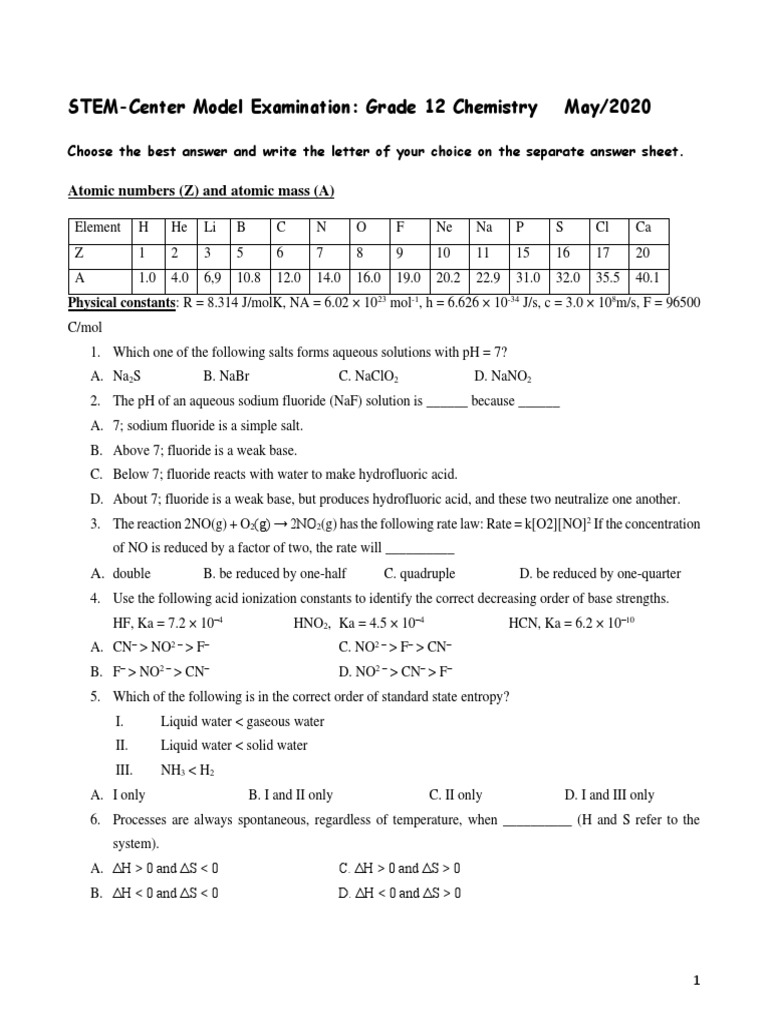 Model Exam G12 Chemistry | PDF | Chemical Equilibrium | Chemical Reactions