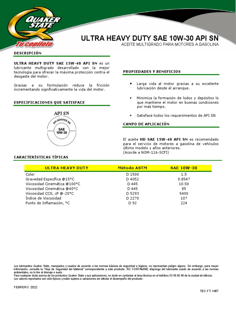 Ultra Heavy Duty Sae 10W-30 Api SN | PDF | Lubricante | Gasolina