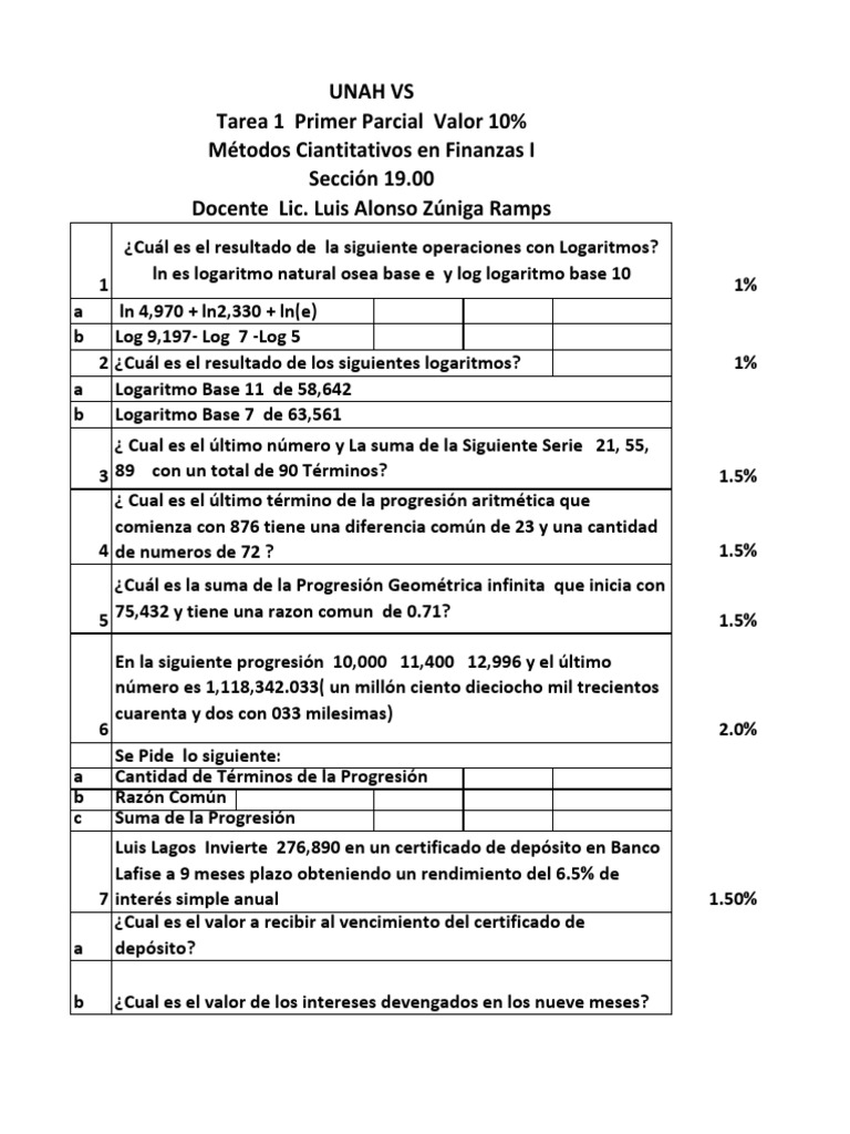 Ejercicio Tarea 1 Logaritmos Progresiones e Interes Simple | PDF
