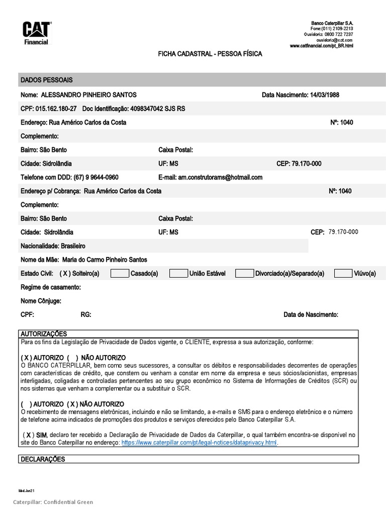 Ficha Cadastral de Cliente Pessoa Física do Banco Caterpillar S.A ...