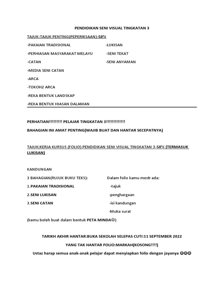 Arahan Folio Pelajar Tingkatan 3 | PDF