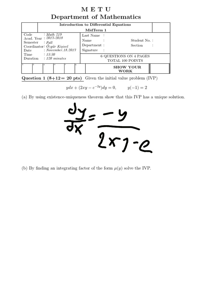 MATH 219 Mdt1 Fall 2017 | PDF | Matrix (Mathematics) | Eigenvalues And ...