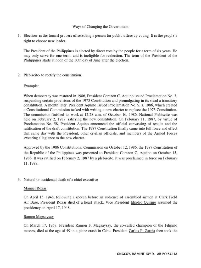 Ways of Changing The Government | PDF | Corazon Aquino | Presidents Of ...
