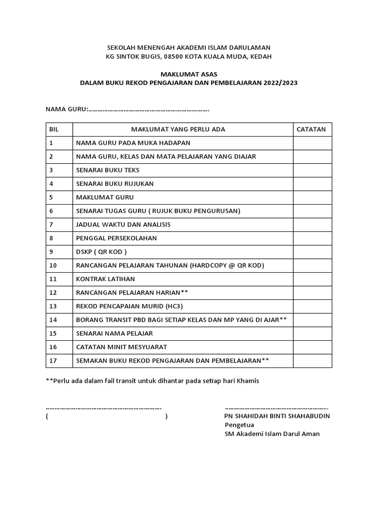 MAKLUMAT ASAS DALAM BUKU@FAIL REKOD PdP | PDF