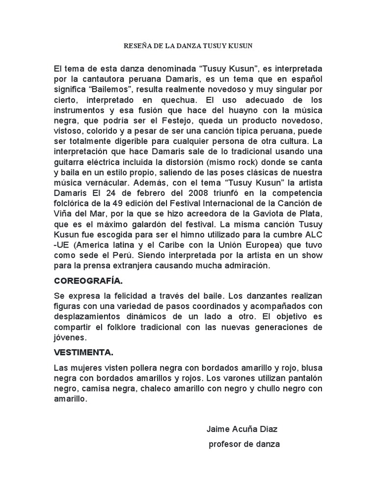 Reseña de La Danza Tusuy Kusun | PDF